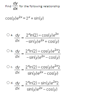 Solved Find dy dx for the following relationship cos(y)e2x = | Chegg.com