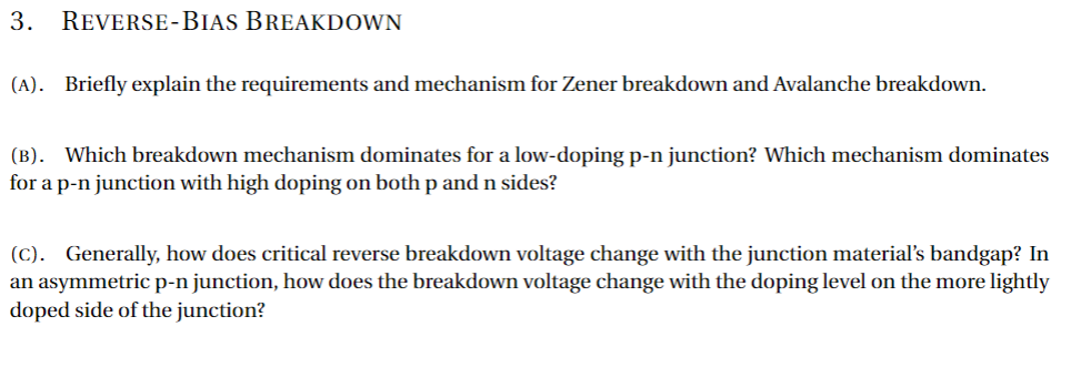 Solved 3. REVERSE-BIAS BREAKDOWN (A). Briefly explain the | Chegg.com