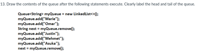 Solved 13. Draw the contents of the queue after the | Chegg.com
