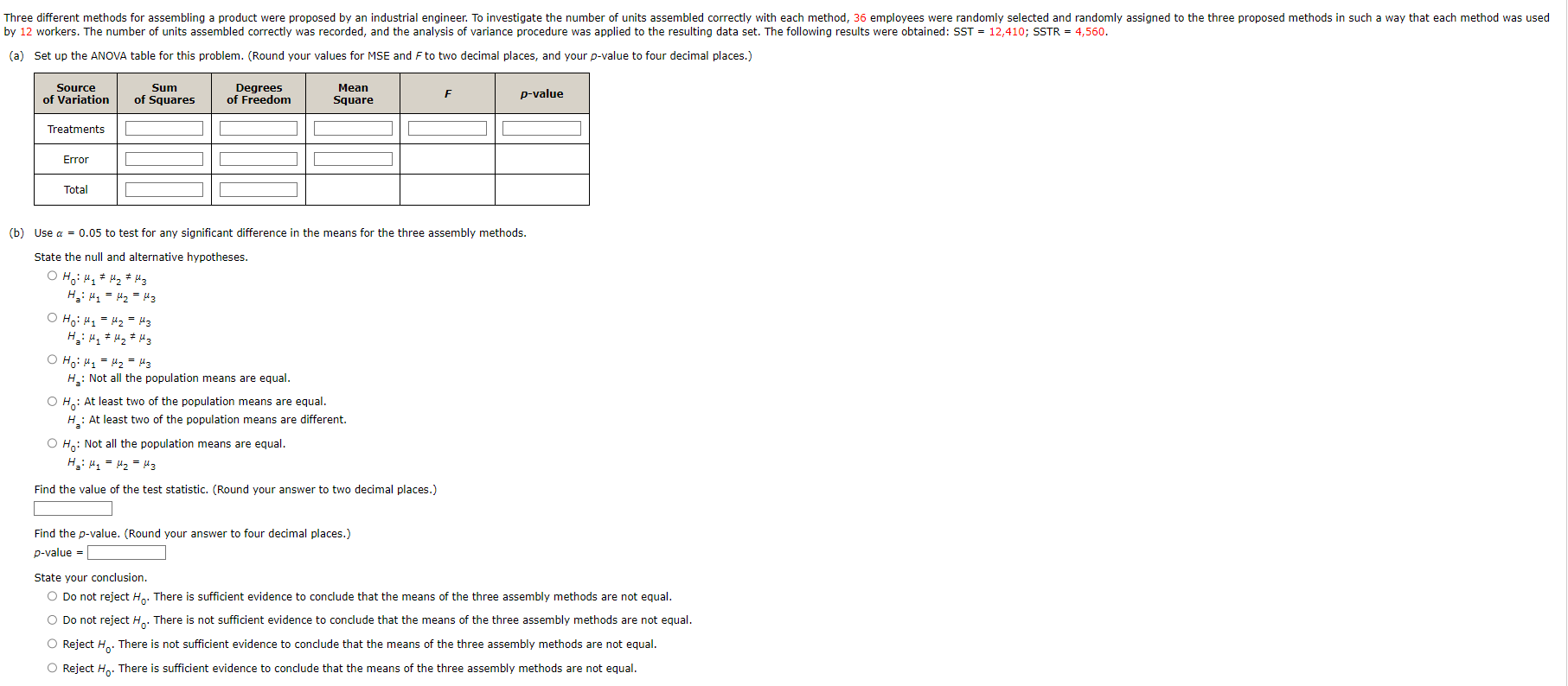 Solved (a) Set up the ANOVA table for this problem. (Round | Chegg.com