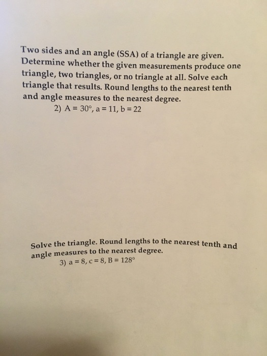 Solved Two sides and an angle (SSA) of a triangle are given. | Chegg.com
