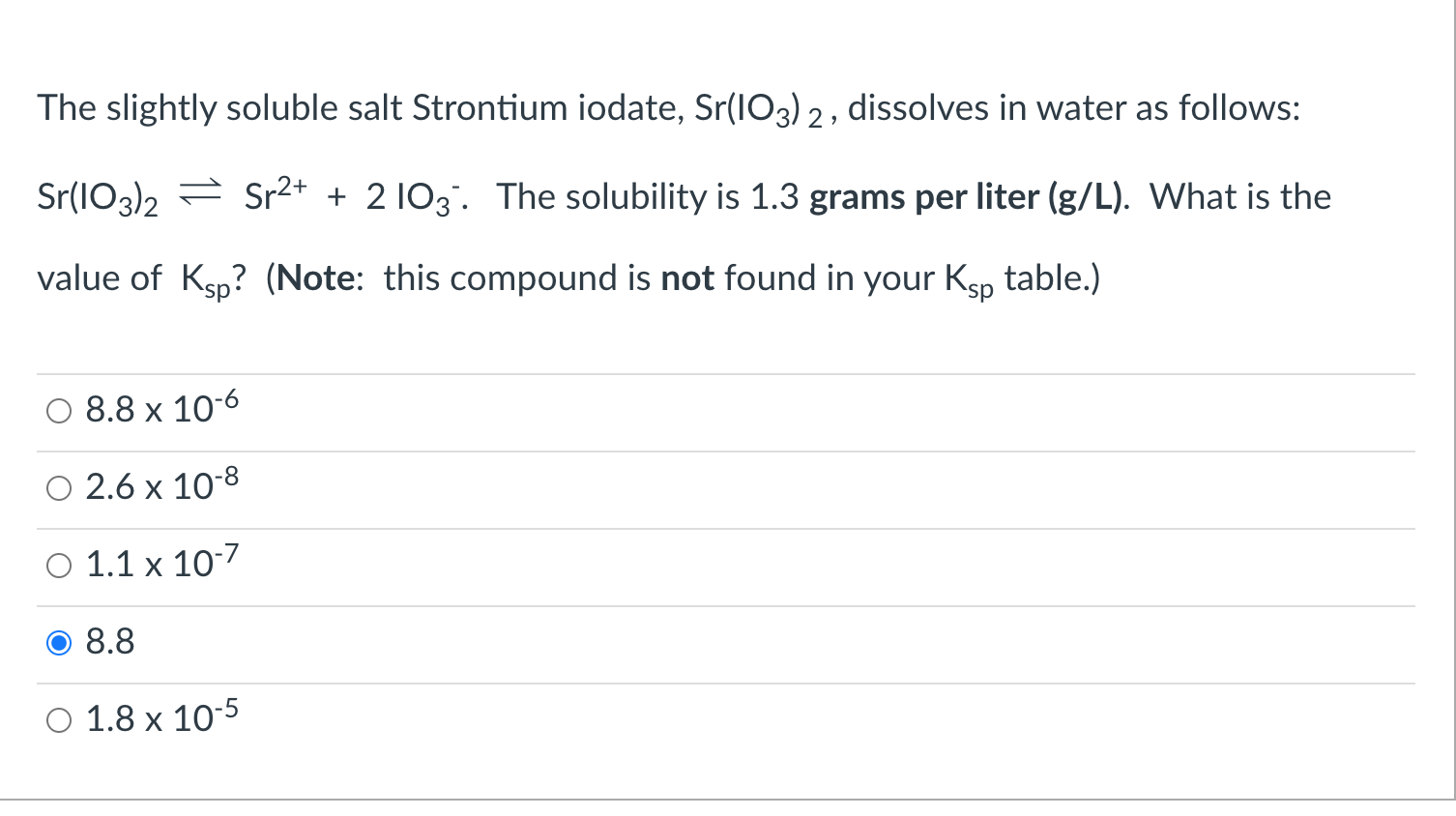 Solved The slightly soluble salt Strontium iodate, Sr(103)2, | Chegg.com