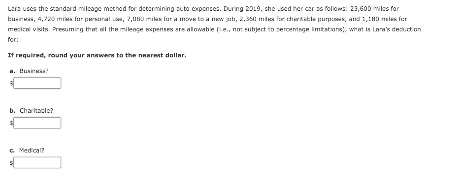 Solved Lara uses the standard mileage method for determining | Chegg.com