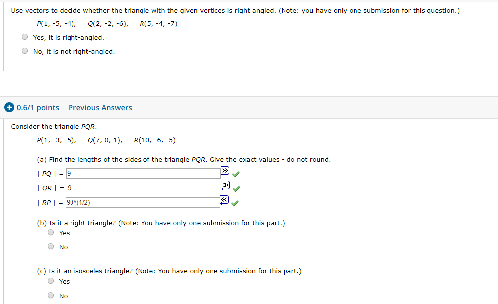 Solved Use vectors to decide whether the triangle with the | Chegg.com