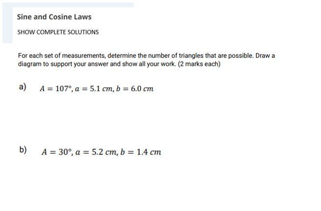 Solved Sine and Cosine Laws SHOW COMPLETE SOLUTIONS For each | Chegg.com