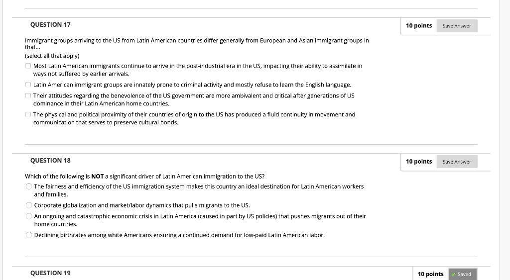Solved QUESTION 17 10 points Save Answer Immigrant groups | Chegg.com