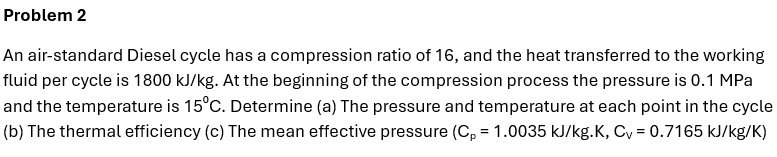 Solved Problem 2An air-standard Diesel cycle has a | Chegg.com