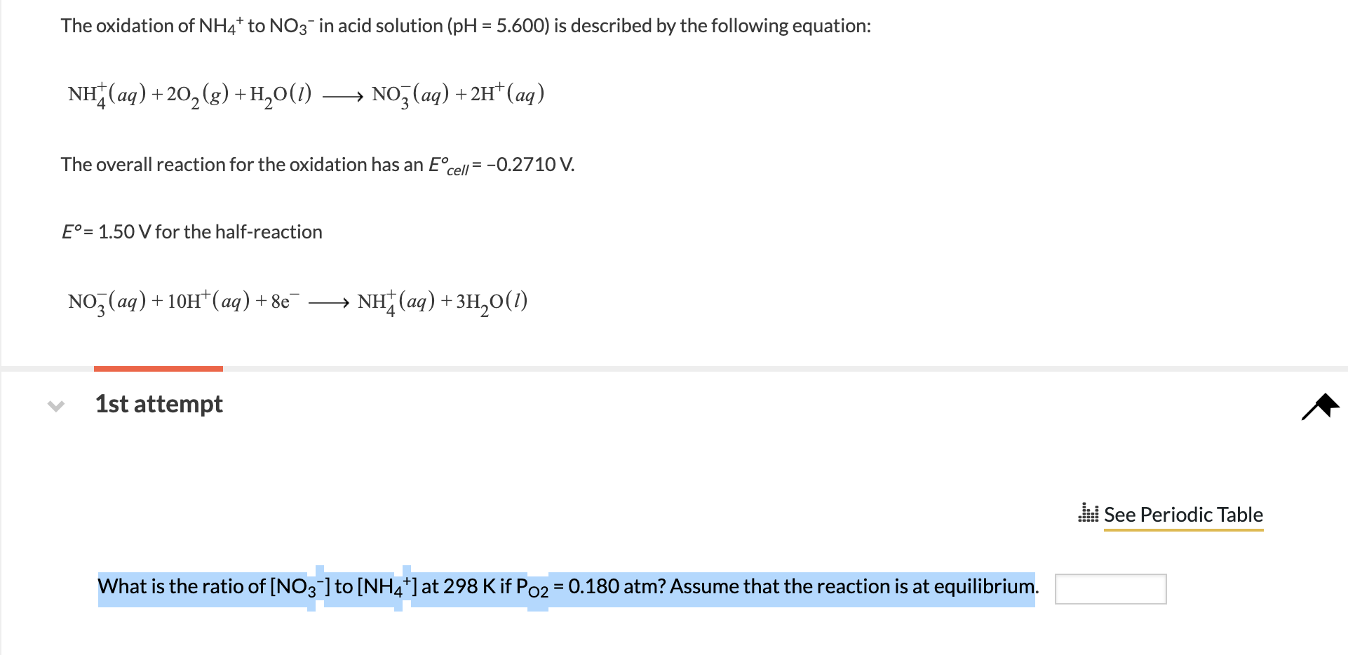 Solved The oxidation of NH4+ to NO3 in acid solution (pH = | Chegg.com