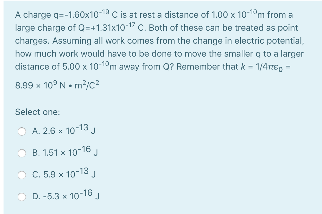 Solved A charge q=-1.60x10-19 C is at rest a distance of | Chegg.com