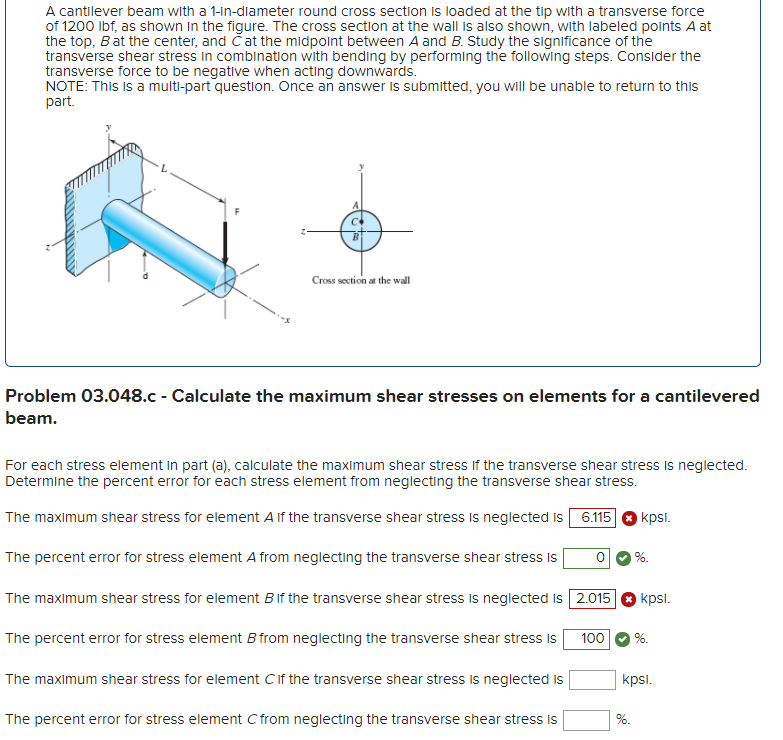Solved A cantilever beam with a 1-in-diameter round cross | Chegg.com