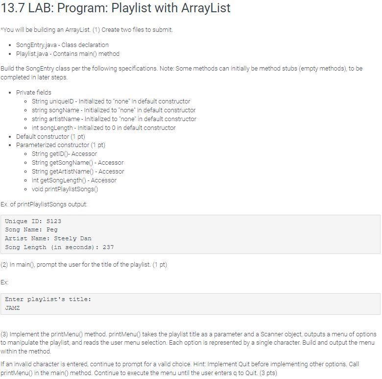 Solved 13.7 LAB: Program: Playlist with ArrayList *You will | Chegg.com