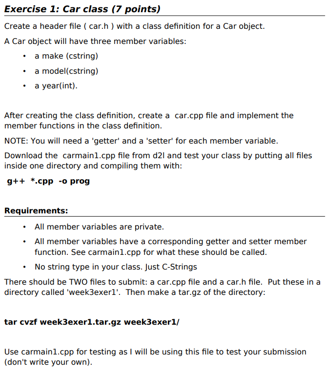 Solved Exercise 1: Car class (7 points) Create a header file | Chegg.com