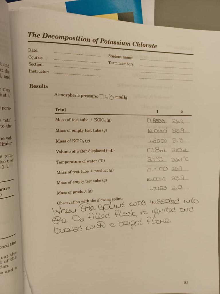 Solved The Decomposition of Potassium Chlorate Date: Course: | Chegg.com