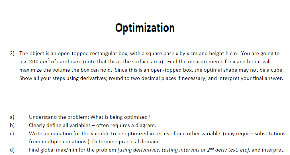 Solved Optimizatiorn 2) The object is an open-topped | Chegg.com
