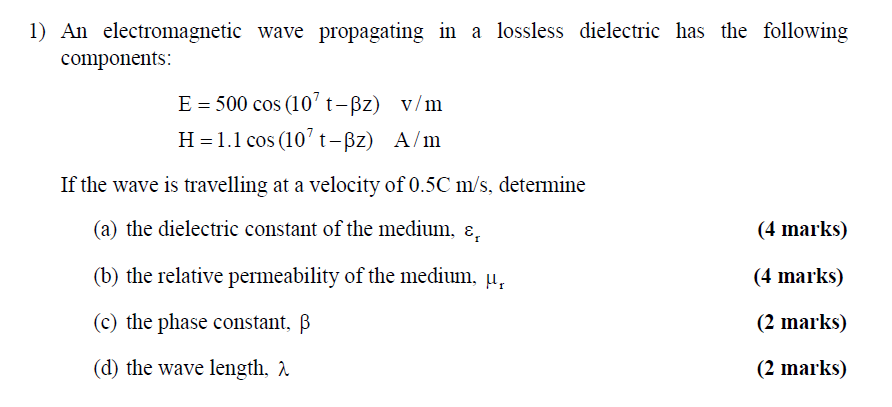 Solved 1) An electromagnetic wave propagating in a lossless | Chegg.com