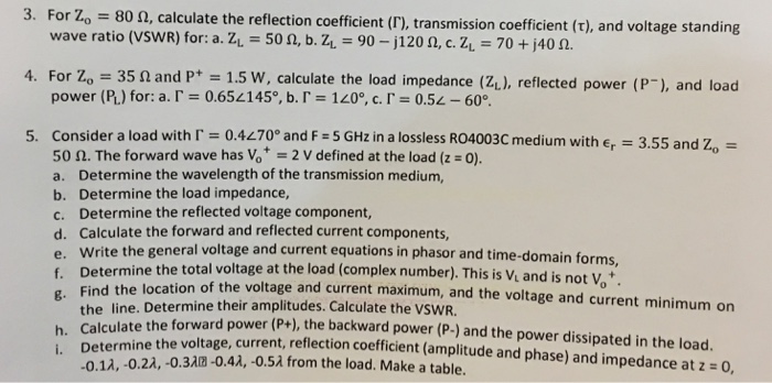Solved For Z_o = 80 Ohm, calculate the reflection | Chegg.com