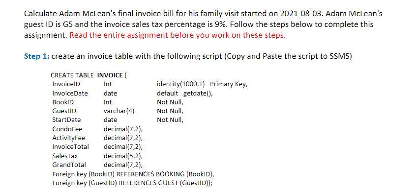 Solved Calculate Adam McLean's final invoice bill for his | Chegg.com