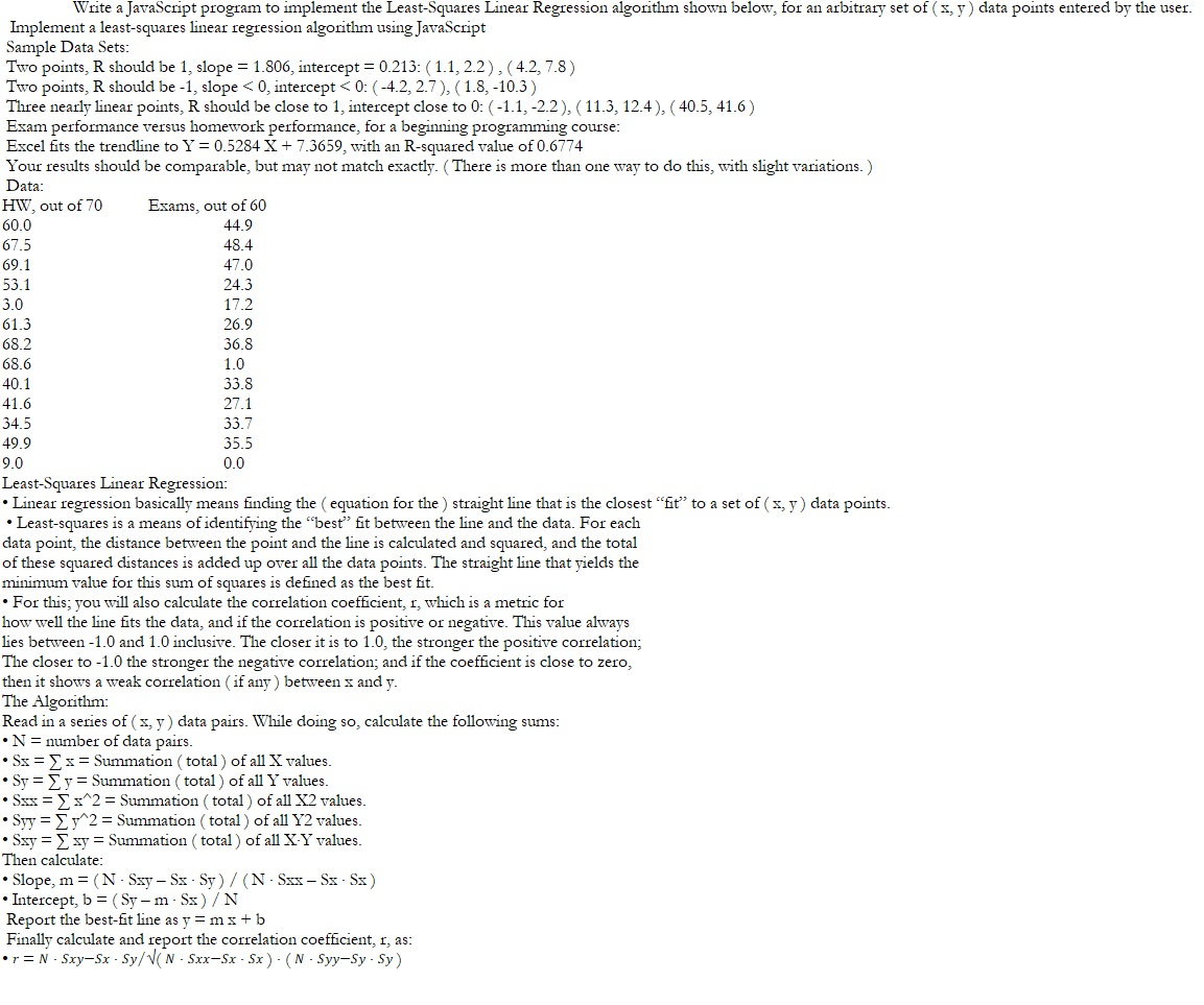 Solved Write Javascript Program Implement Least Squares Linear Regression Algorithm Shown