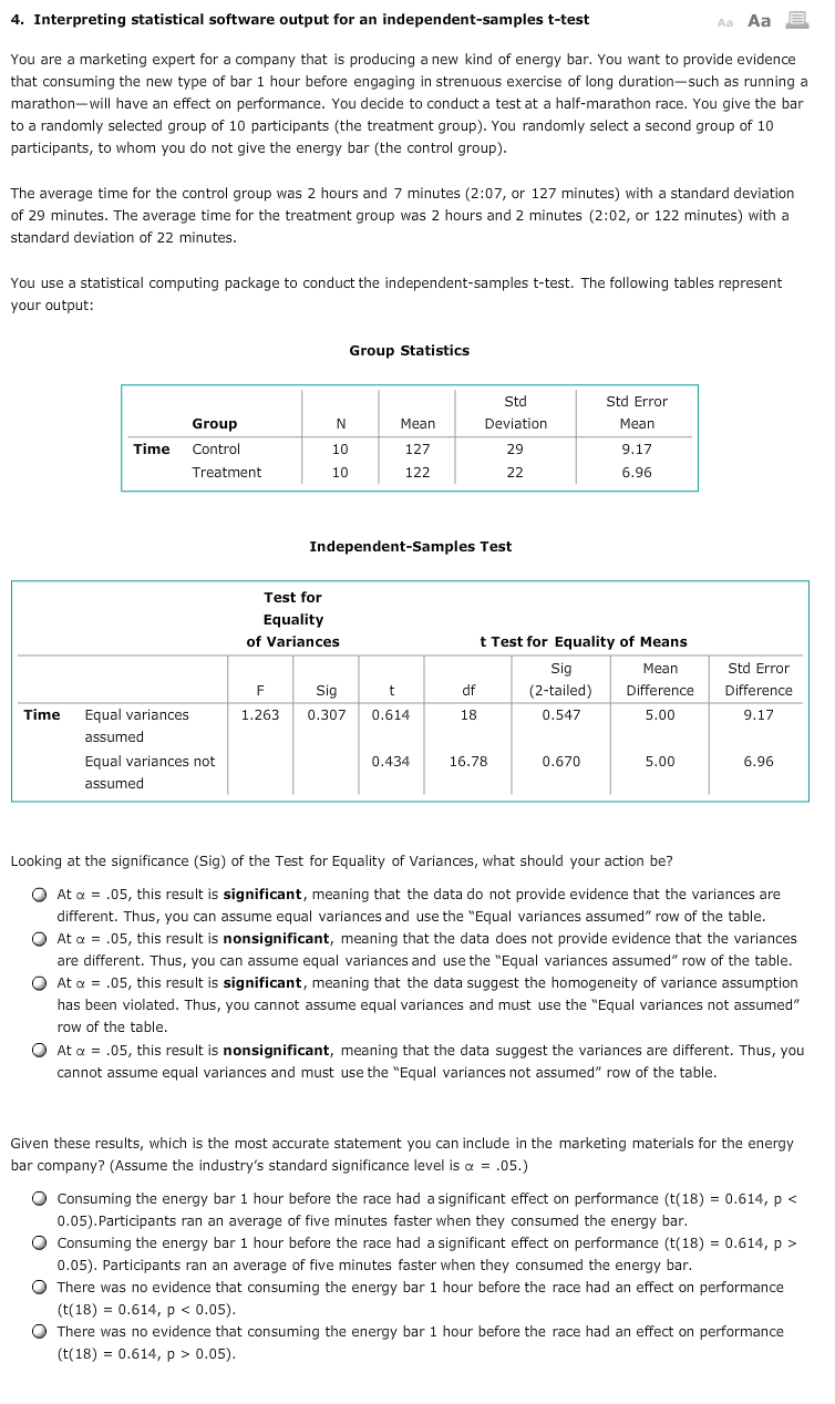 Solved 4. Interpreting statistical software output for an | Chegg.com