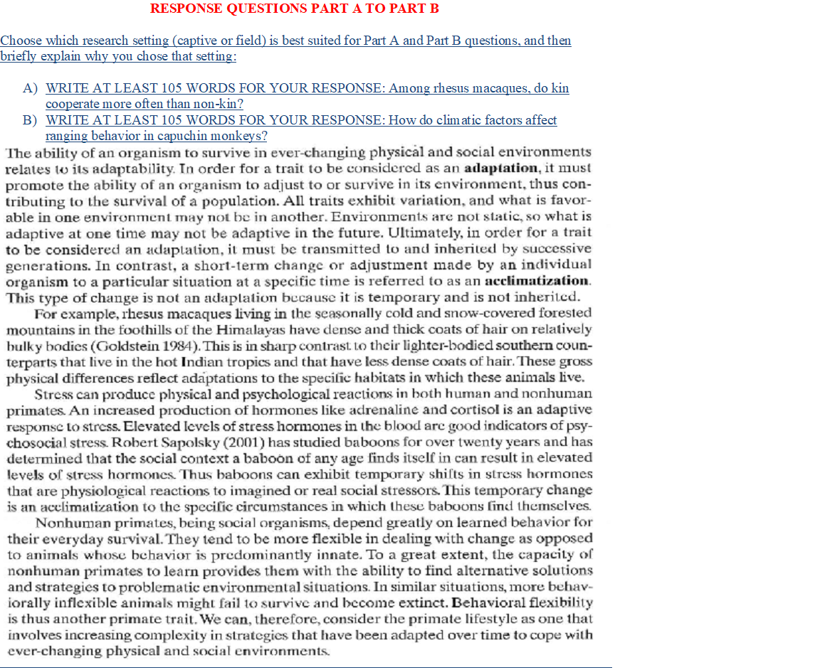 Solved RESPONSE QUESTIONS PART A TO PART B Choose which | Chegg.com