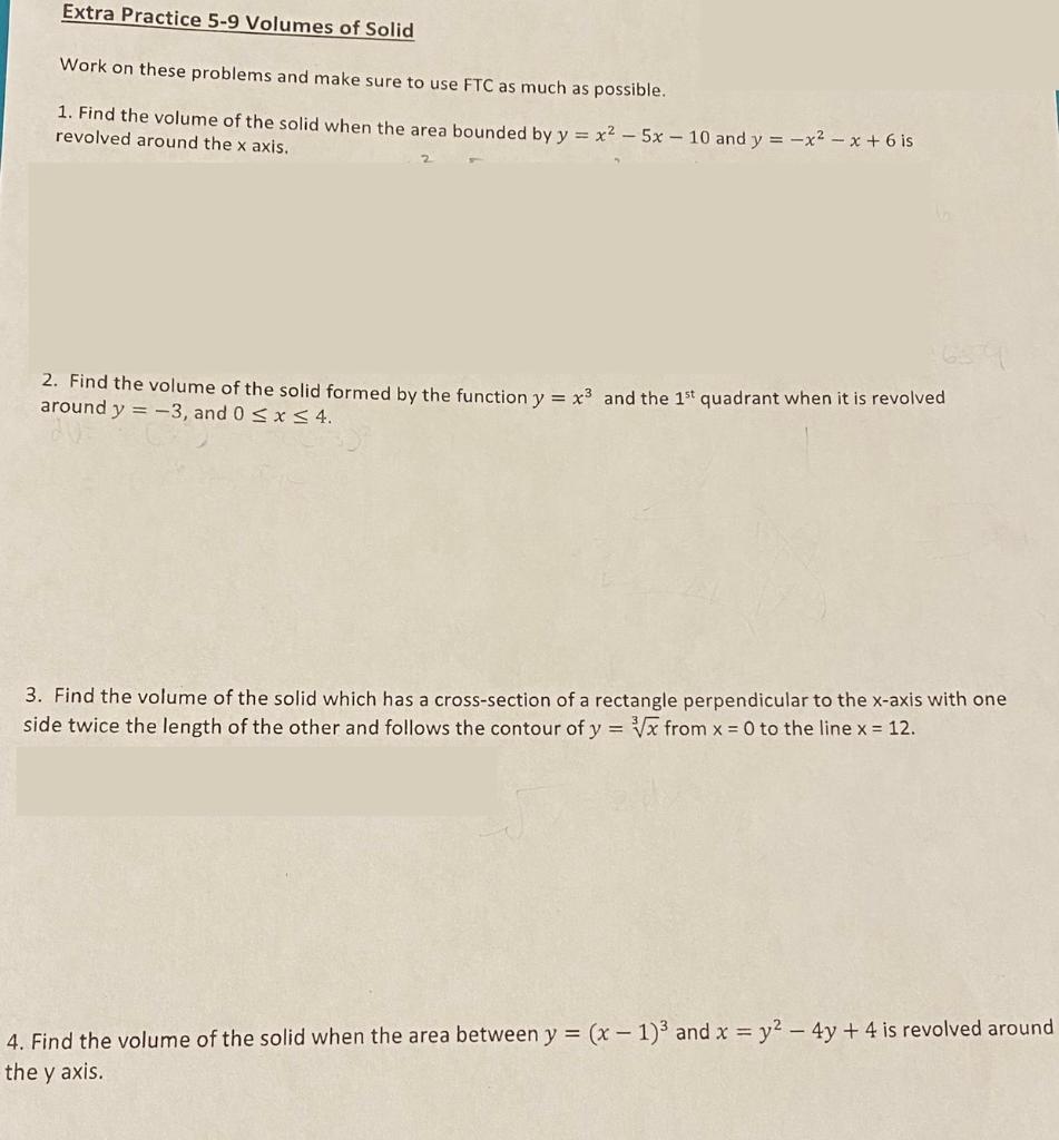 Solved Extra Practice 5-9 Volumes of Solid Work on these | Chegg.com