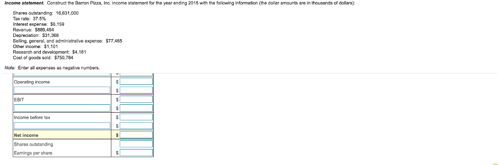 Solved Income statement. Construct the Barron Pizza, Inc. | Chegg.com