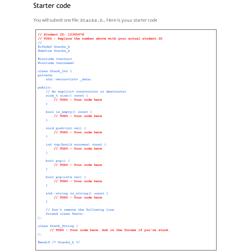 Solved class stack_Int f private: std: tvector_data; public: | Chegg.com