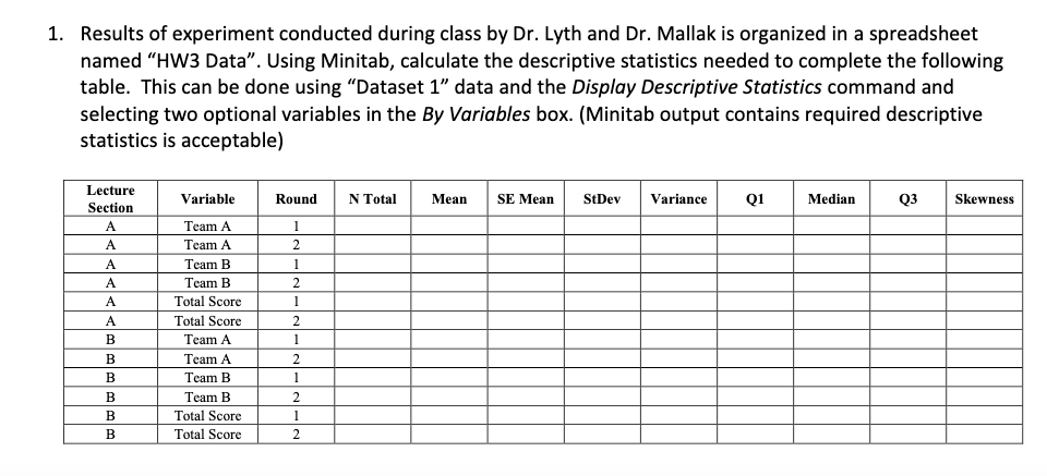 Dataset 1 Lecture Section Round Table Team A Score | Chegg.com