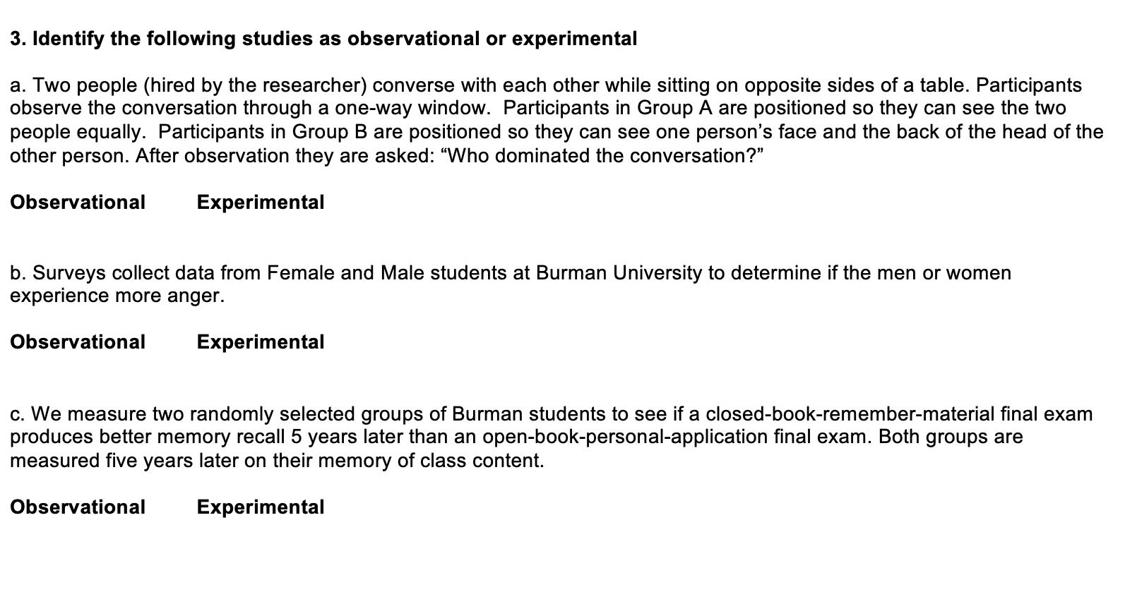 Solved 3. Identify the following studies as observational or | Chegg.com