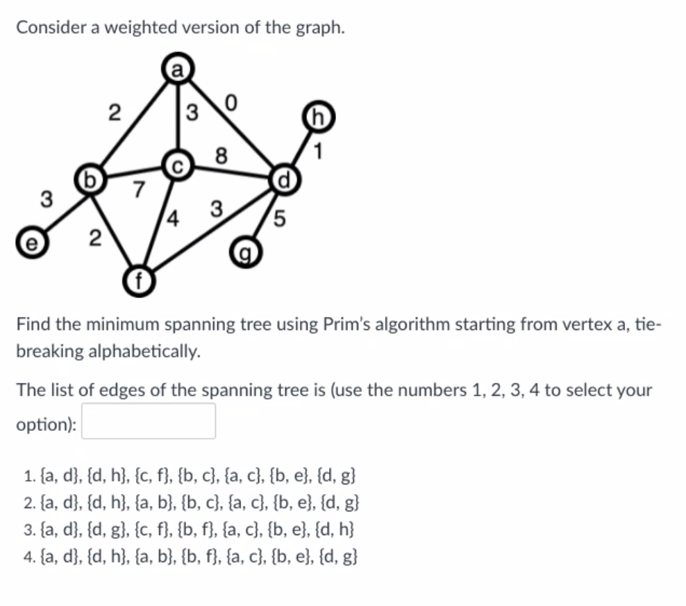 Solved Consider a weighted version of the graph. 2 3\0 8 3 3 | Chegg.com
