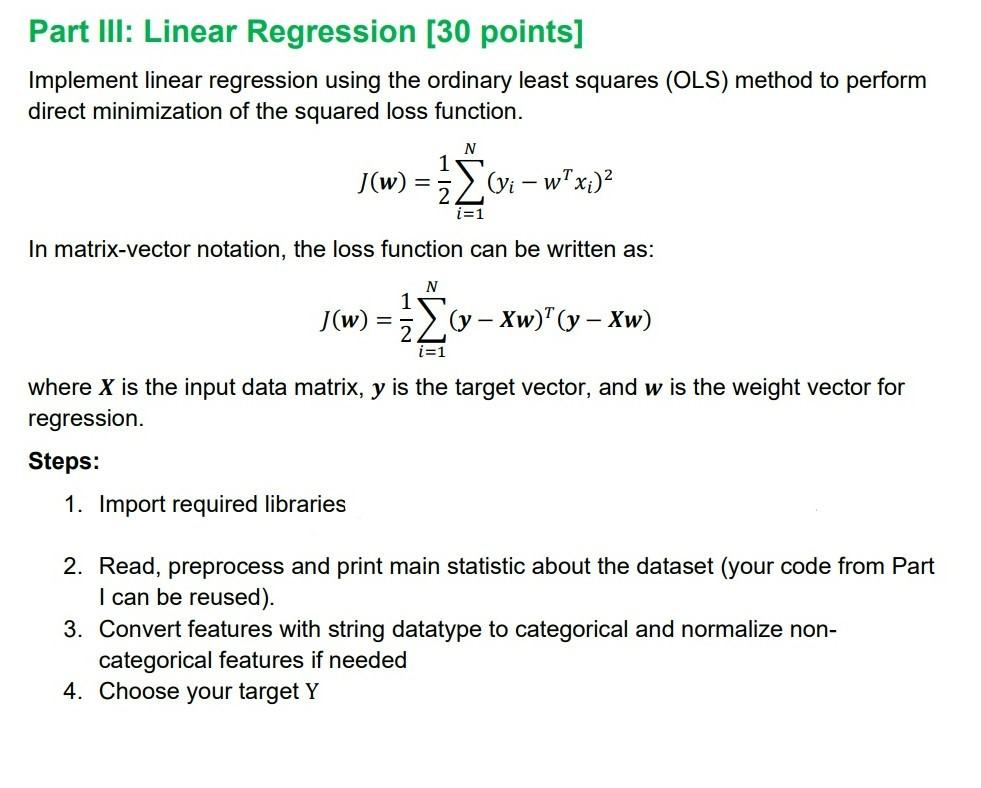 Part III: Linear Regression [30 points] Implement | Chegg.com