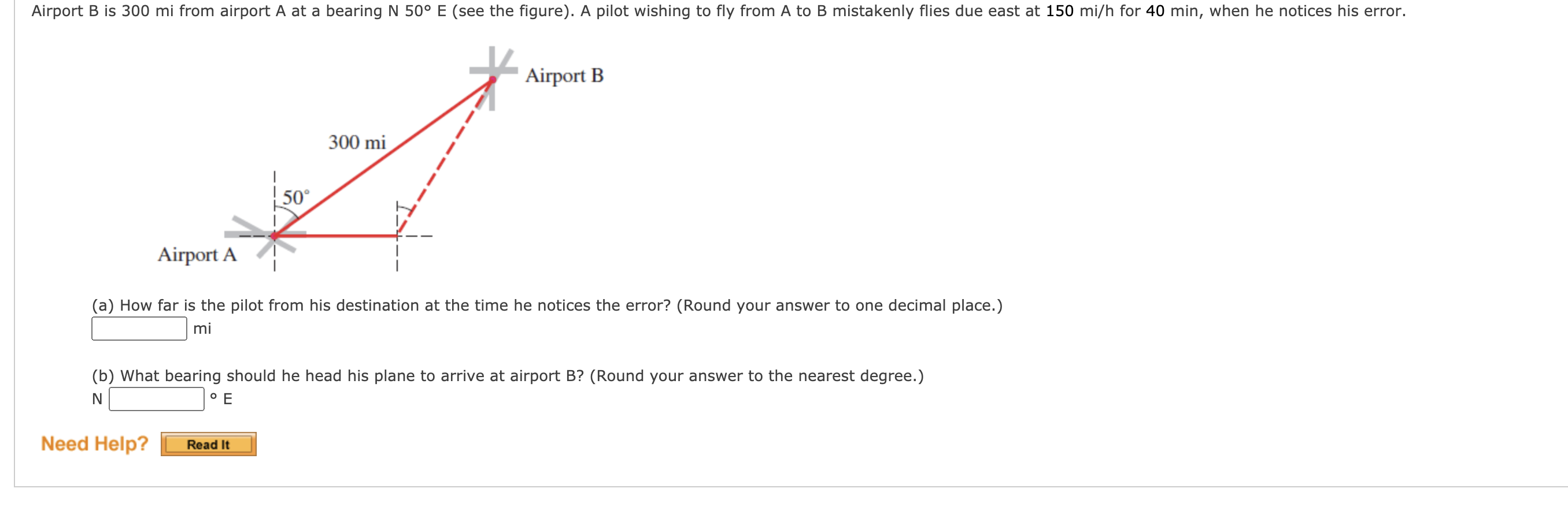 Solved Airport B is 300 mi from airport A at a bearing N 50° | Chegg.com