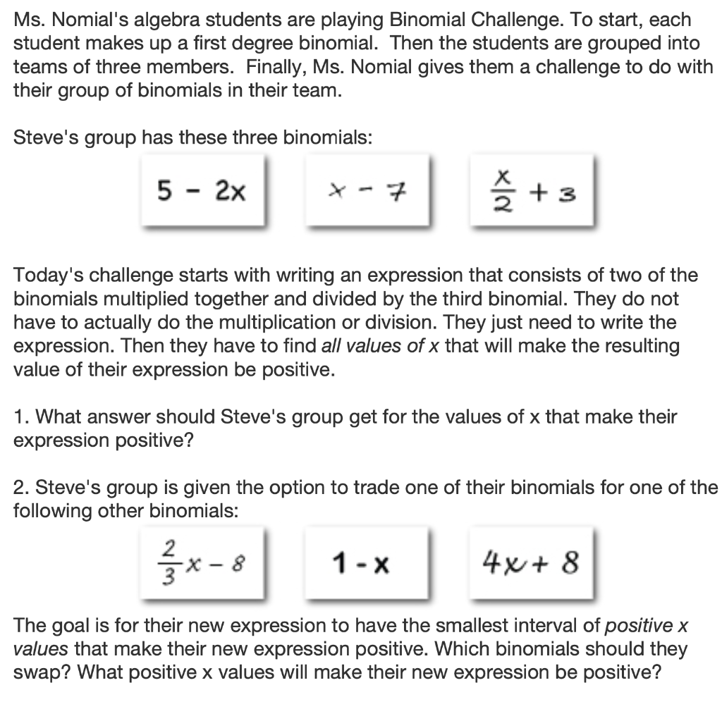 Solved Ms. Nomial's algebra students are playing Binomial | Chegg.com