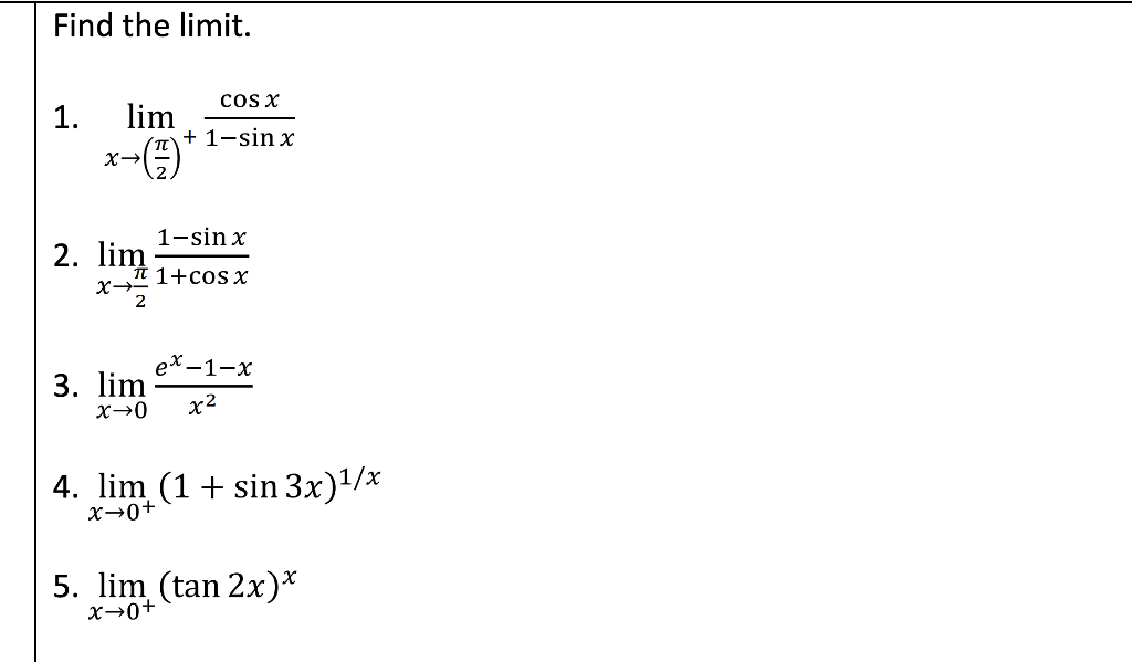 Solved Find the limit. 1. COS X lim + 1-sin x X 1-sin x 2. | Chegg.com