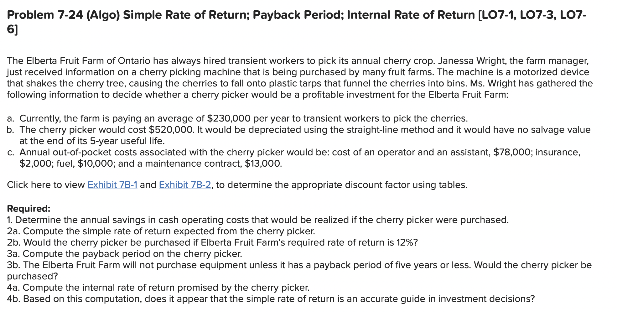 Solved Problem 7-24 (Algo) Simple Rate of Return; Payback | Chegg.com