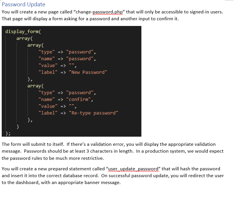 Solved Password Update You will create a new page called | Chegg.com