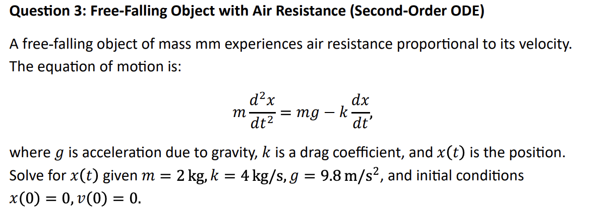Question 3: Free-Falling Object with Air Resistance | Chegg.com