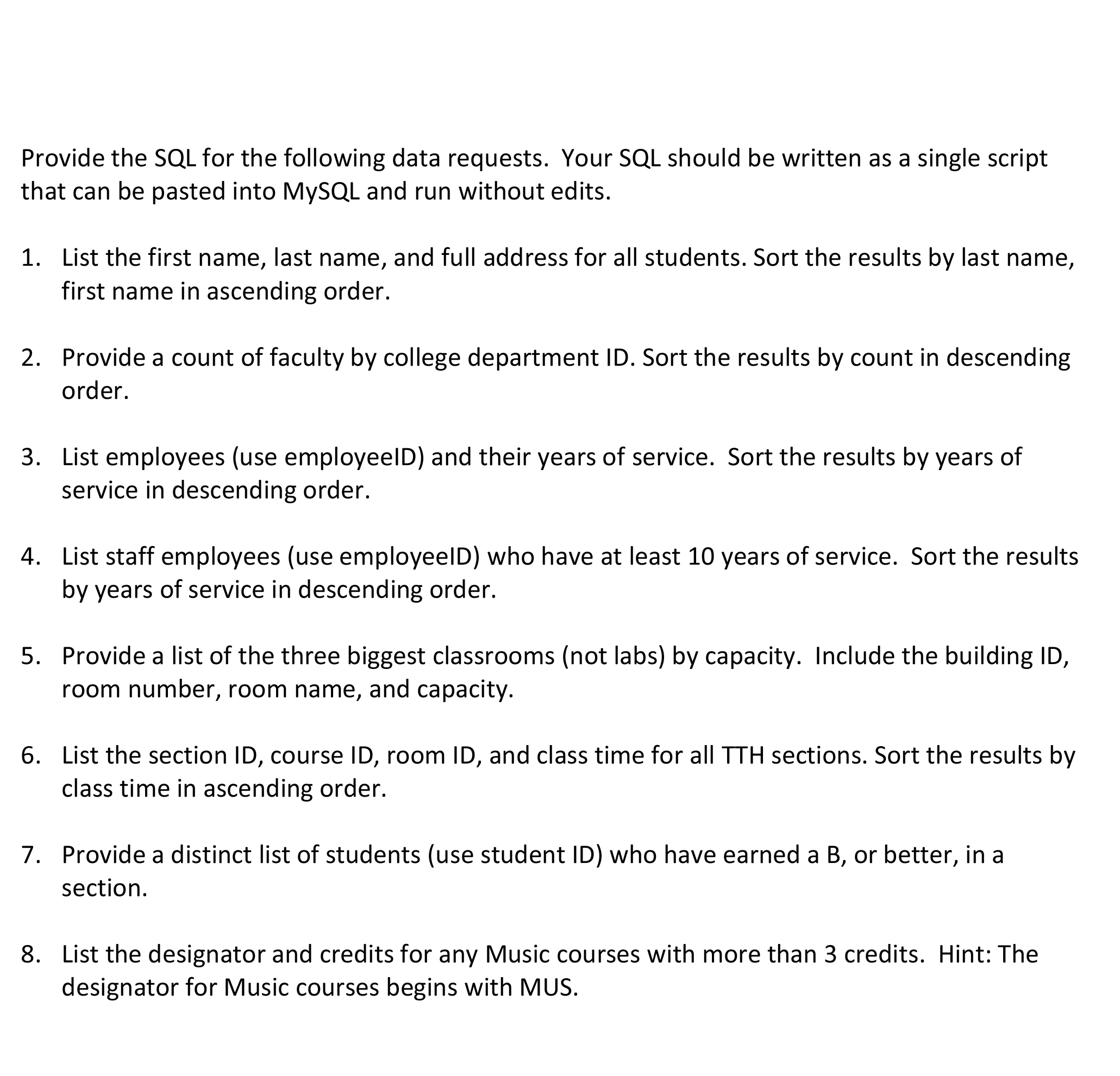 Solved Provide the SQL for the following data requests. Your | Chegg.com