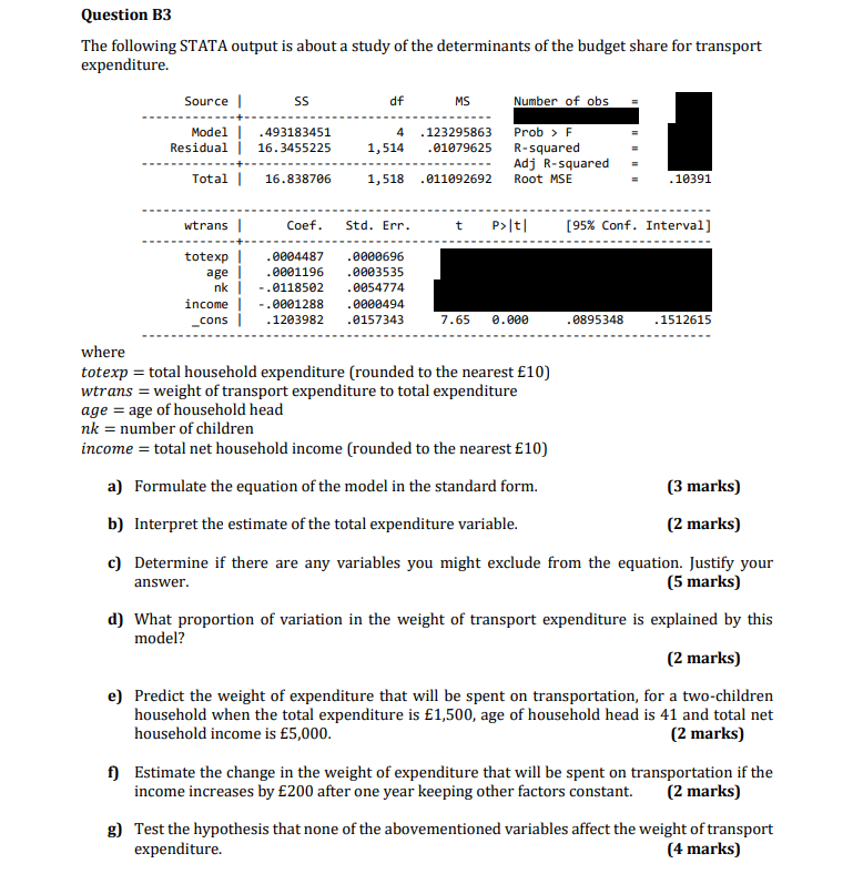 Solved Question B3 The following STATA output is about a | Chegg.com