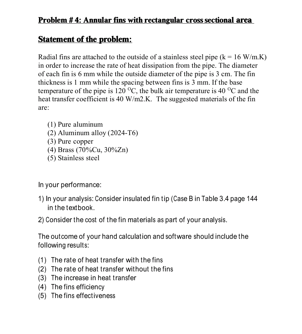 Problem #4: Annular fins with rectangular cross | Chegg.com