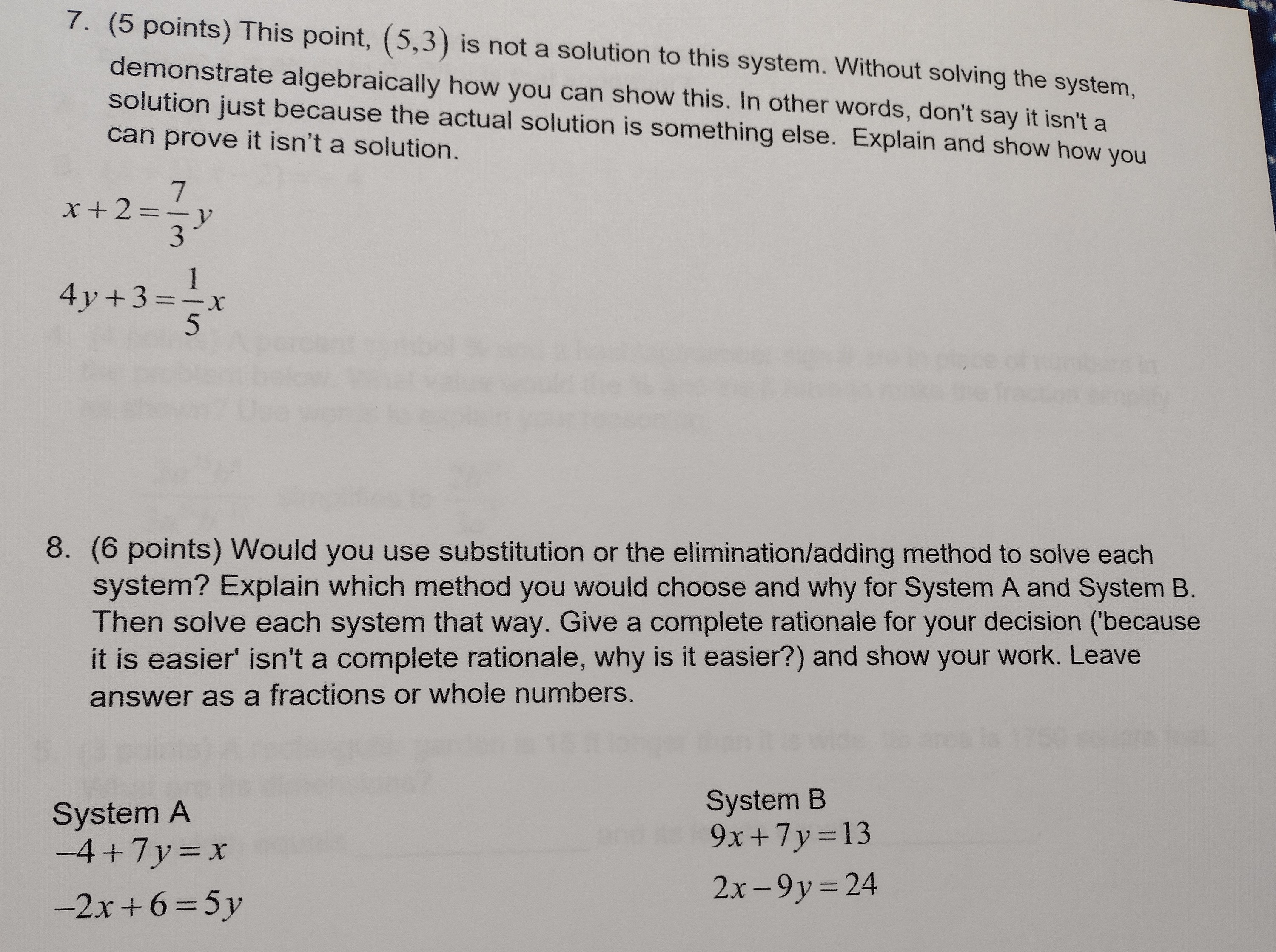 Solved 7. (5 points) This point, (5,3) is not a solution to | Chegg.com