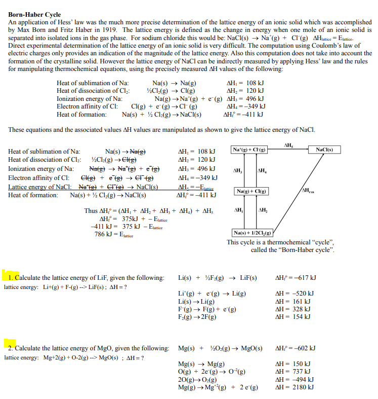 Solved Born-Haber Cycle An application of Hess' law was the | Chegg.com