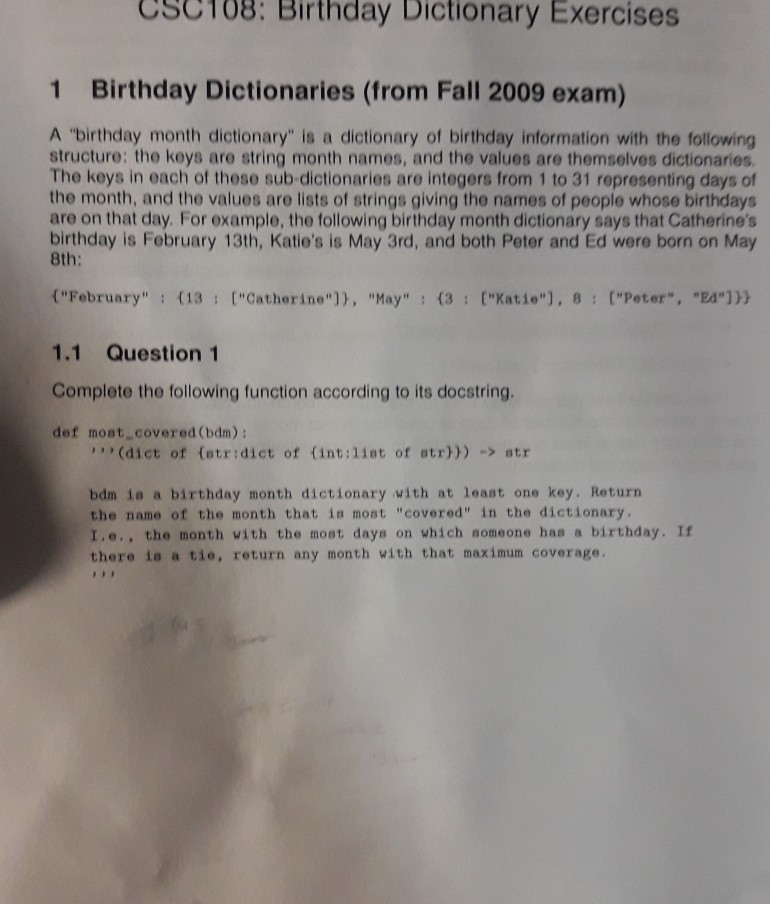 Solved USC108: Birthday Dictionary Exercises 1 Birthday | Chegg.com