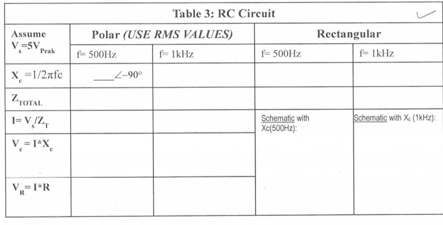 Solved Table 3: RC Circuit Assume V =5V Peak Polar (USE RMS | Chegg.com
