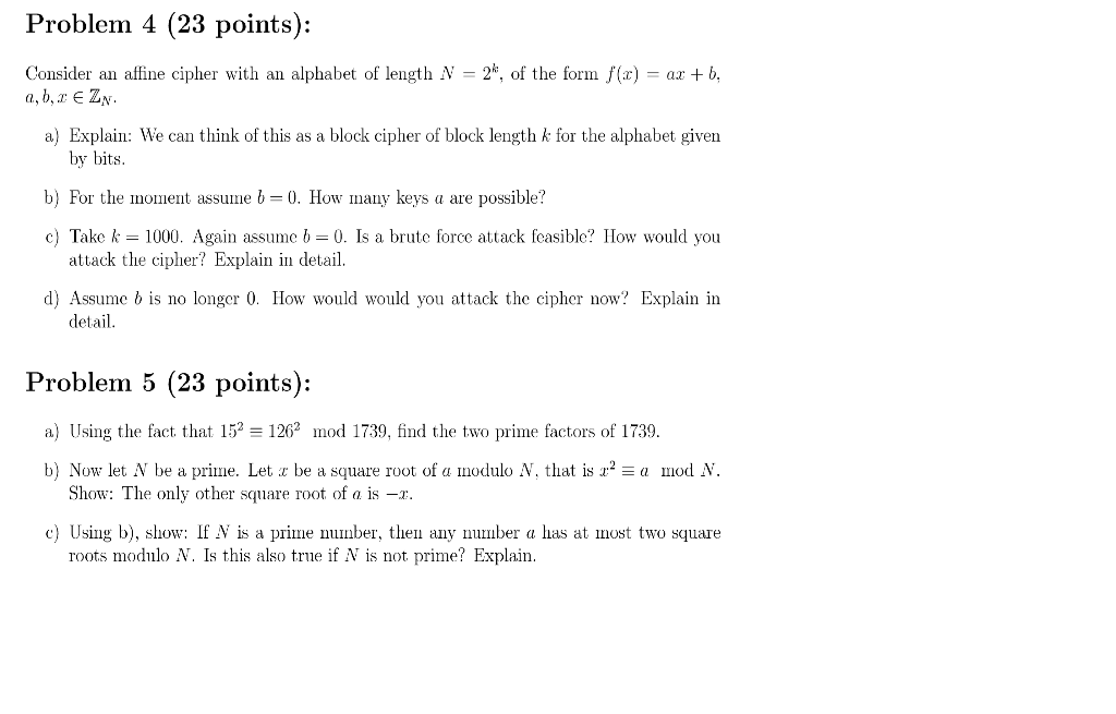 Solved Problem 4 (23 points): Consider an affine cipher with | Chegg.com
