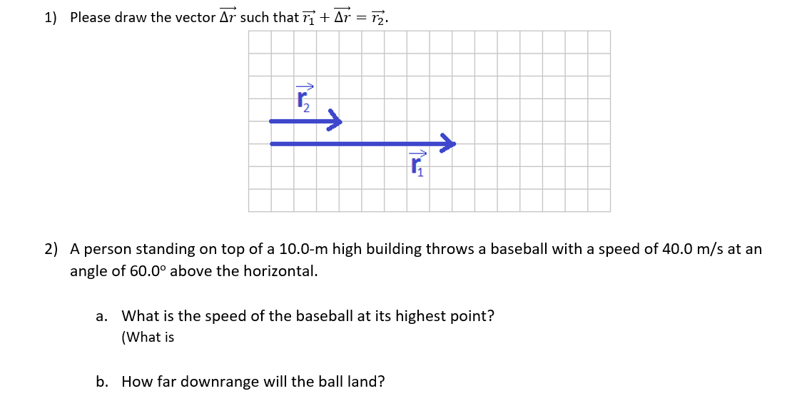 Solved 1) Please draw the vector Δr such that r1+Δr=r2. 2) A | Chegg.com