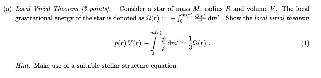 Solved (a) Local Virial Theorem (3 points). Consider a star | Chegg.com