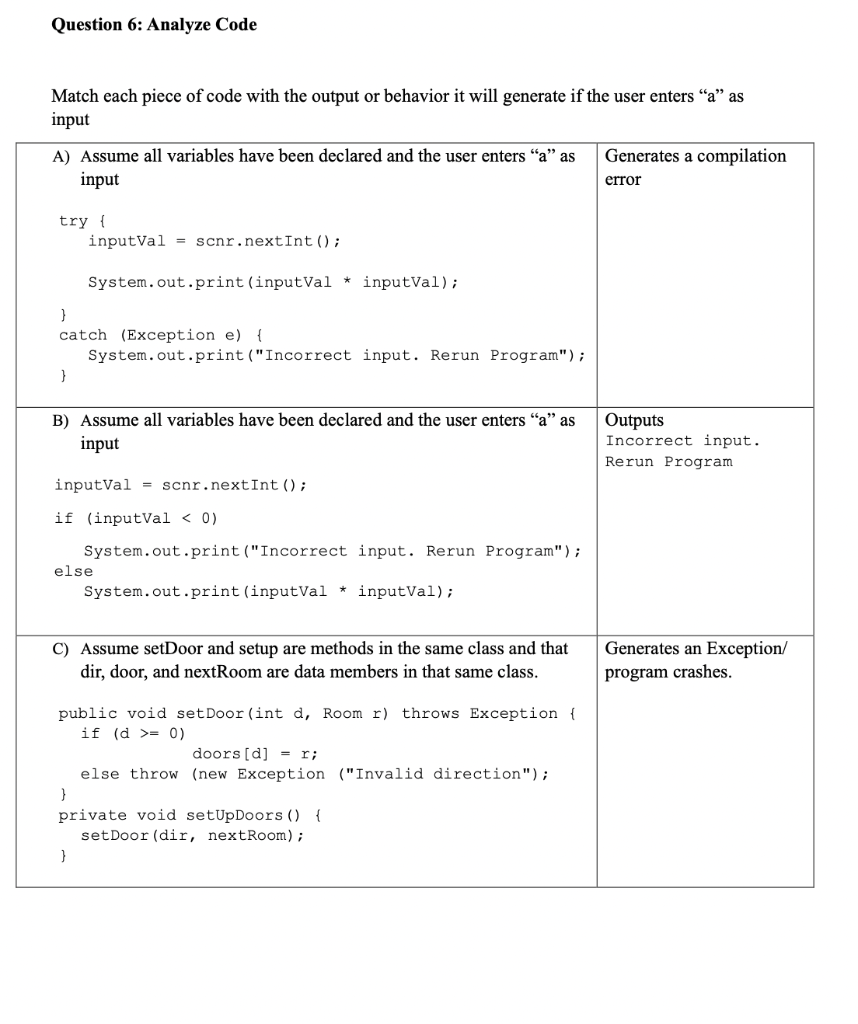 Question 6: Analyze Code Match each piece of code | Chegg.com