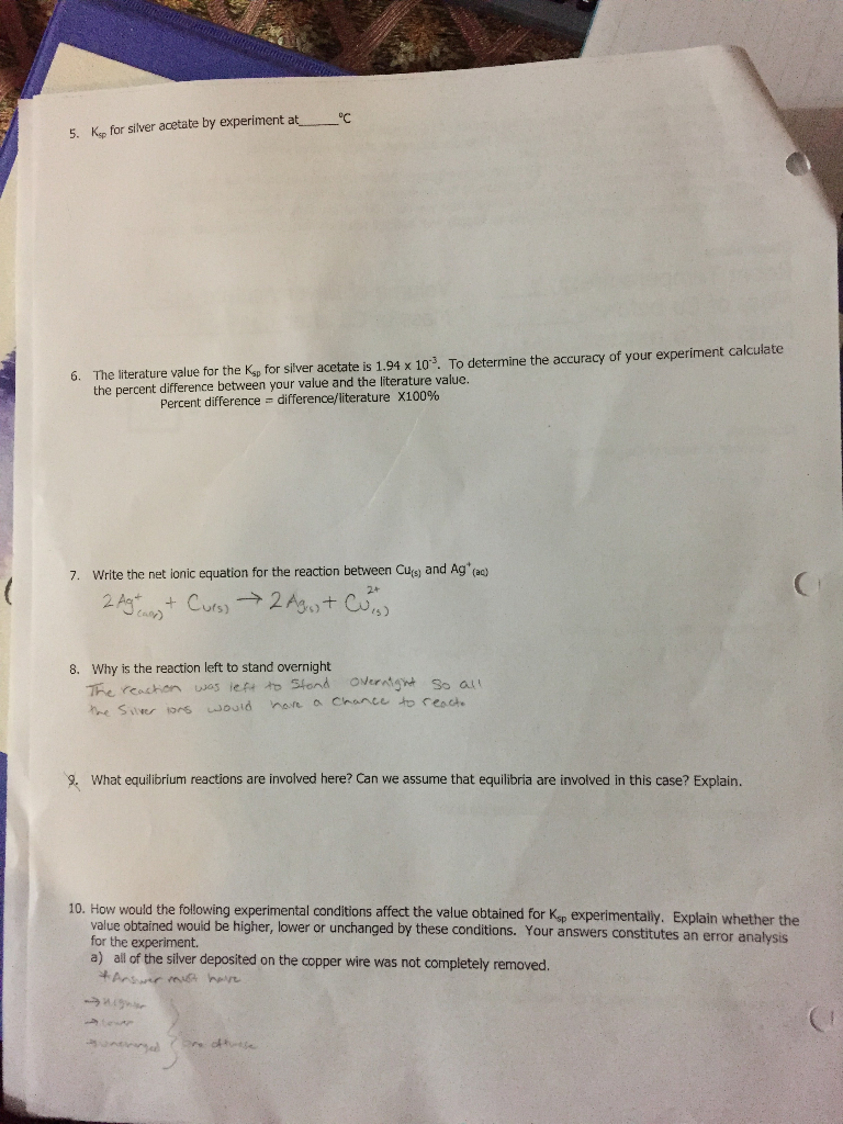 Solved The Solubility Product of Silver Acetate Lab Write-up | Chegg.com