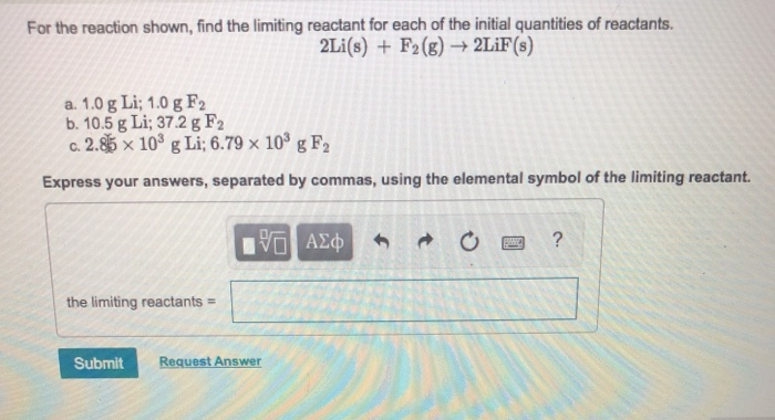 Solved For the reaction shown, find the limiting reactant | Chegg.com